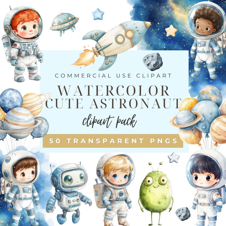 Watercolor Astronaut, Space Clipart, Outer Space, Rocket Clipart, Cute ...