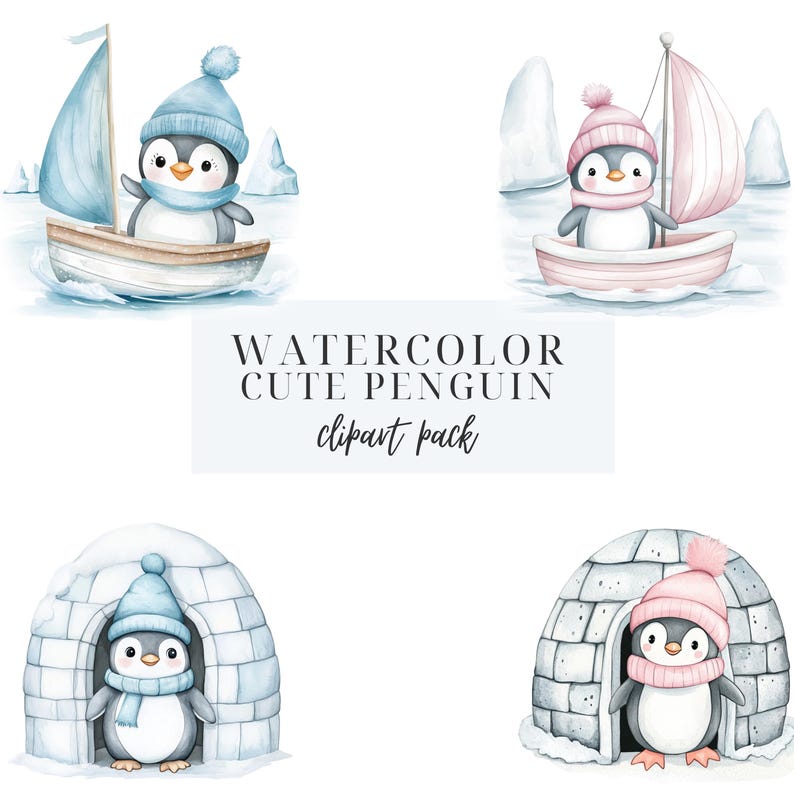 Cute Watercolor Penguin Clipart, Penguin Nursery Decor (instant ...
