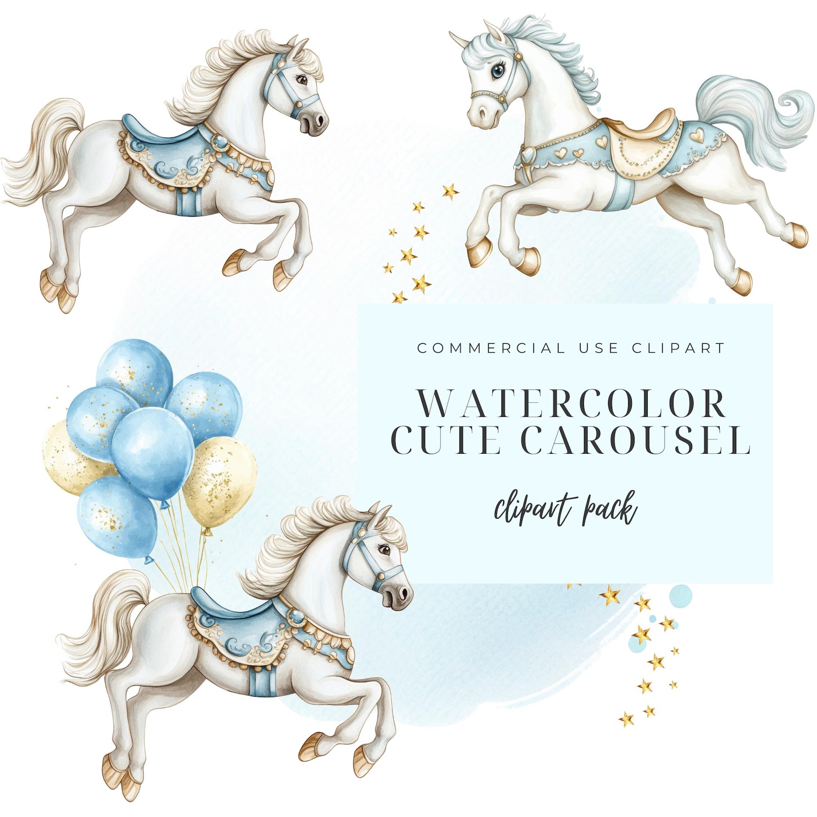 Blue Carousel Clipart, Carousel Watercolor Clipart, Carousel Horse ...
