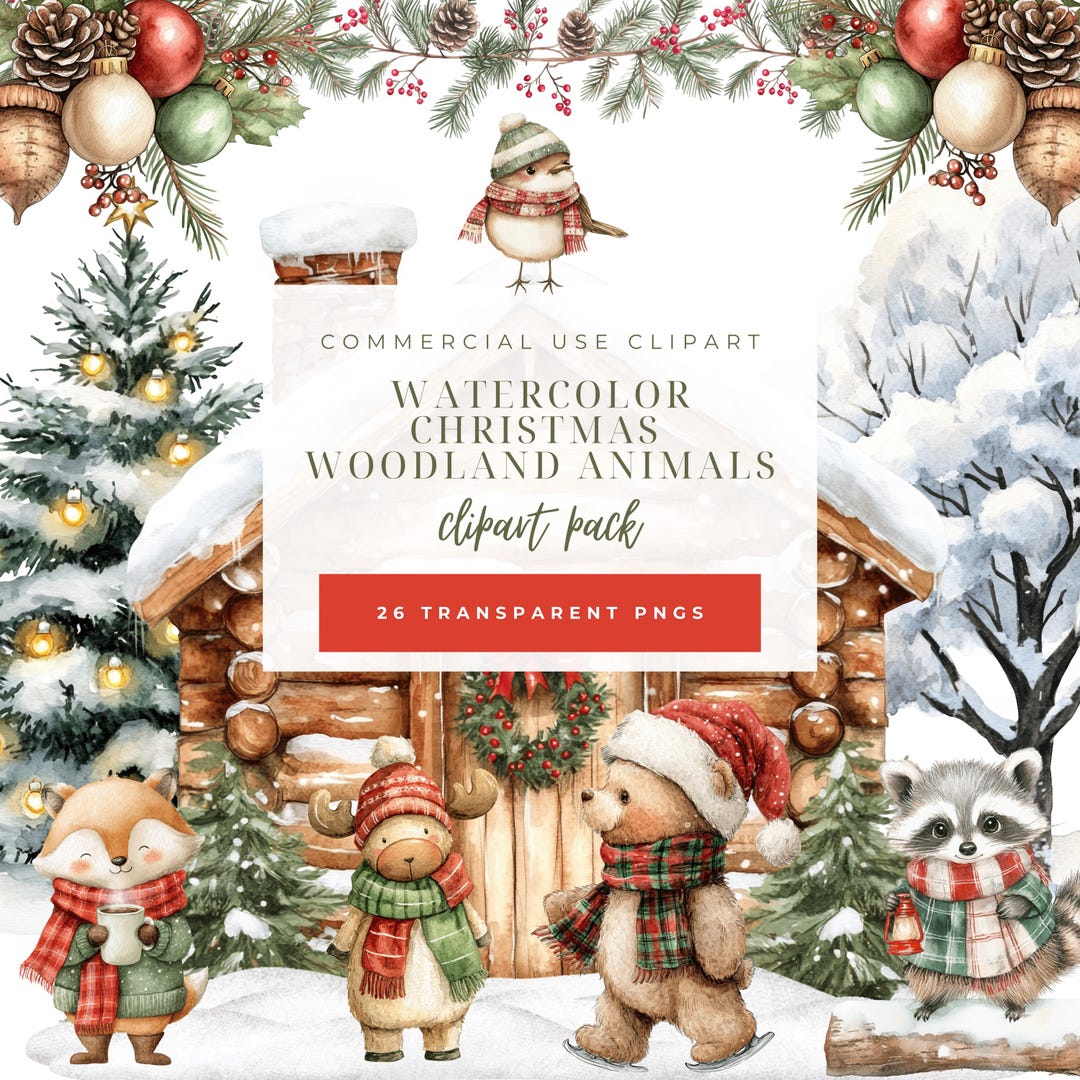 Christmas Woodland Animals Clipart, Winter Forest Clipart, (digital ...