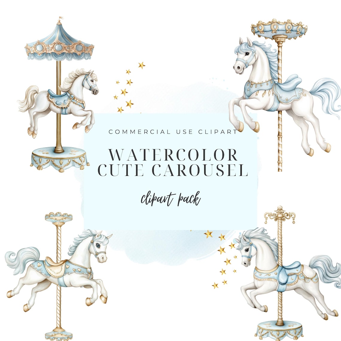 Blue Carousel Clipart, Carousel Watercolor Clipart, Carousel Horse ...