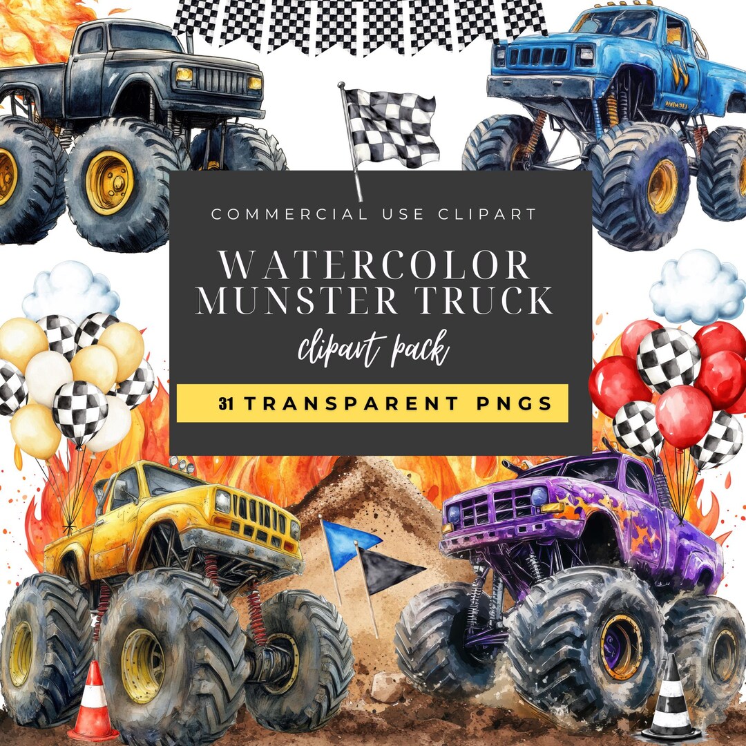 Watercolor Monster Truck Clipart: Offroad PNG Art (digital Download) - Etsy
