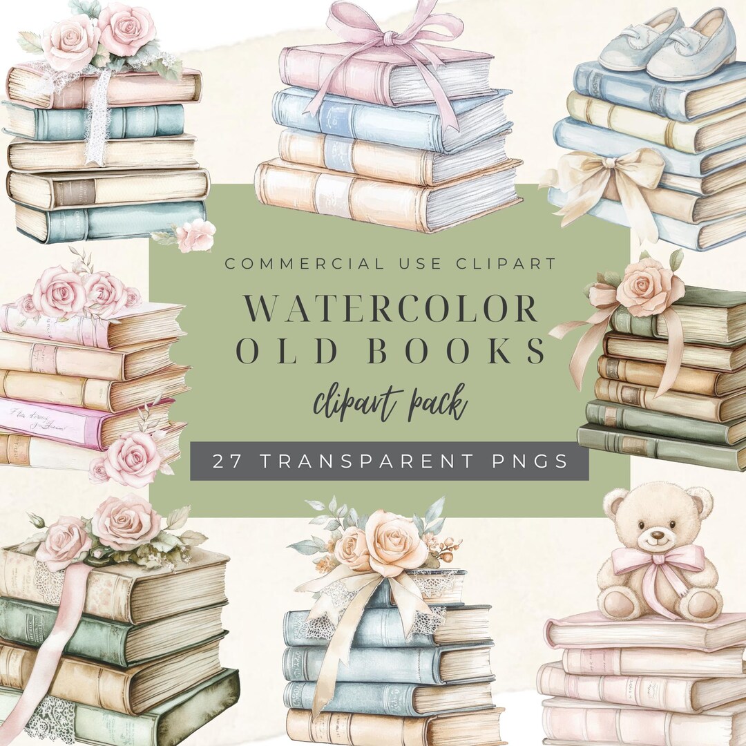 Vintage Books Clipart, Old Books Clipart, Book Lover Png, Watercolor ...