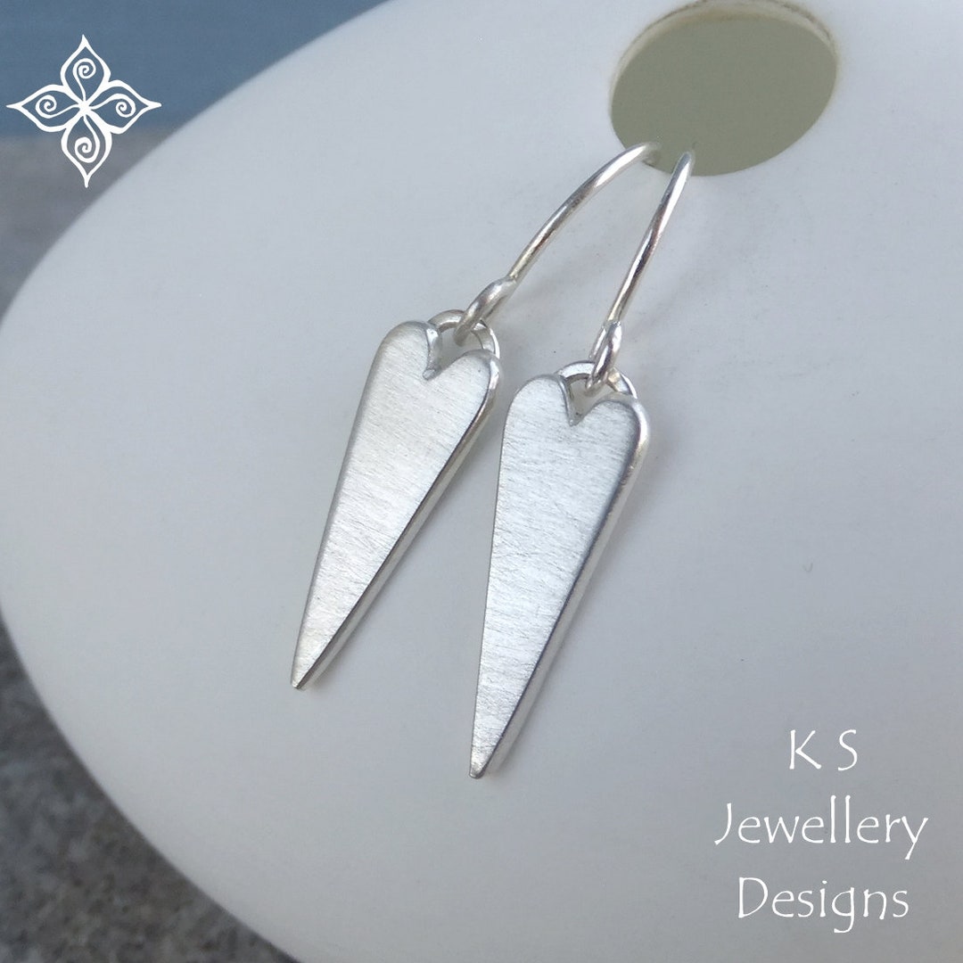 LONG HEARTS Drop Sterling Silver Earrings Satin Finish Hand Stamped Metalwork Wirework Shiny ...