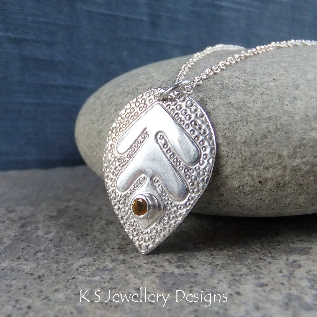 Citrine Doodle Leaf Sterling Silver Pendant - Textured Leaves V2 ...