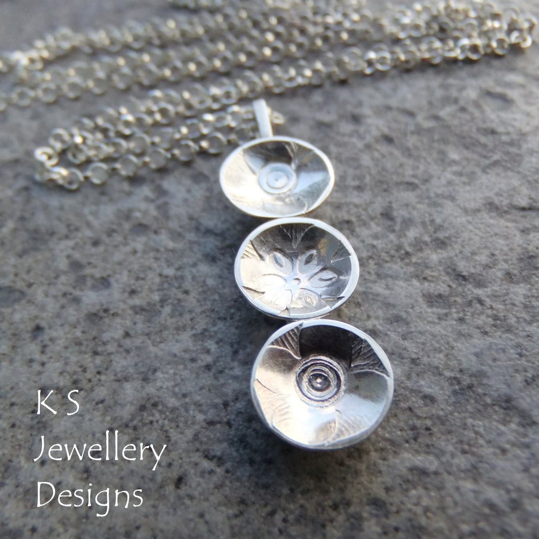 Textured Flower Discs Trio Sterling Silver Pendant Rustic Organic Hand ...