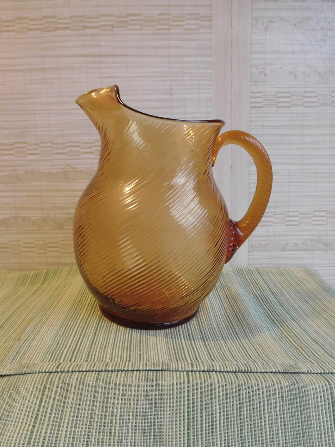 Glass Pitcher Amber Gold Swirl Water Juice Cocktail Server Vintage ...