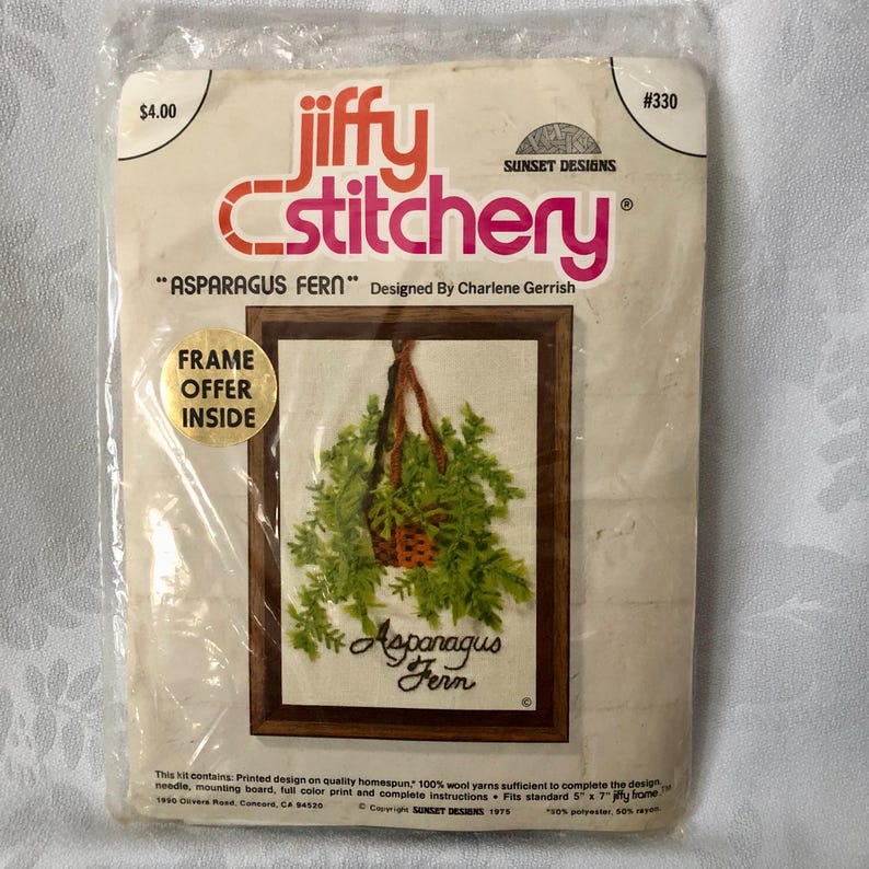 Jiffy Stitchery Embroidery Kit Asparagus Fern or Grape Ivy by Sunset ...