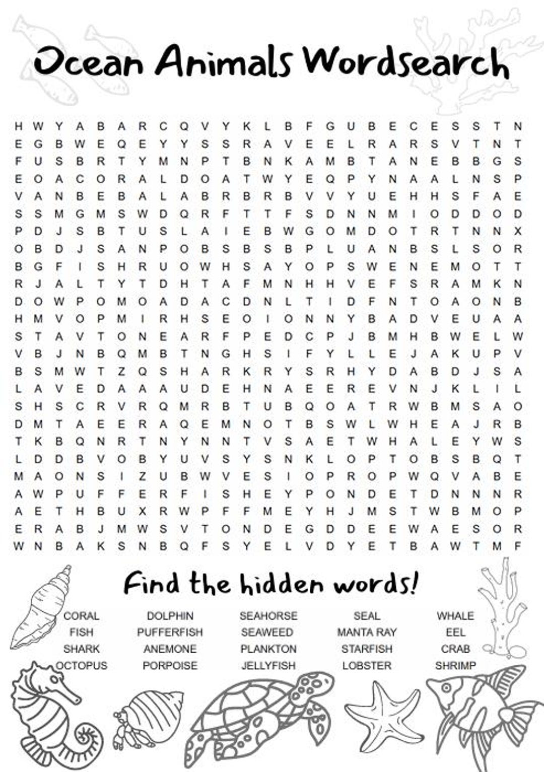 Ocean Animals Wordsearch PDF Digital Download - Etsy