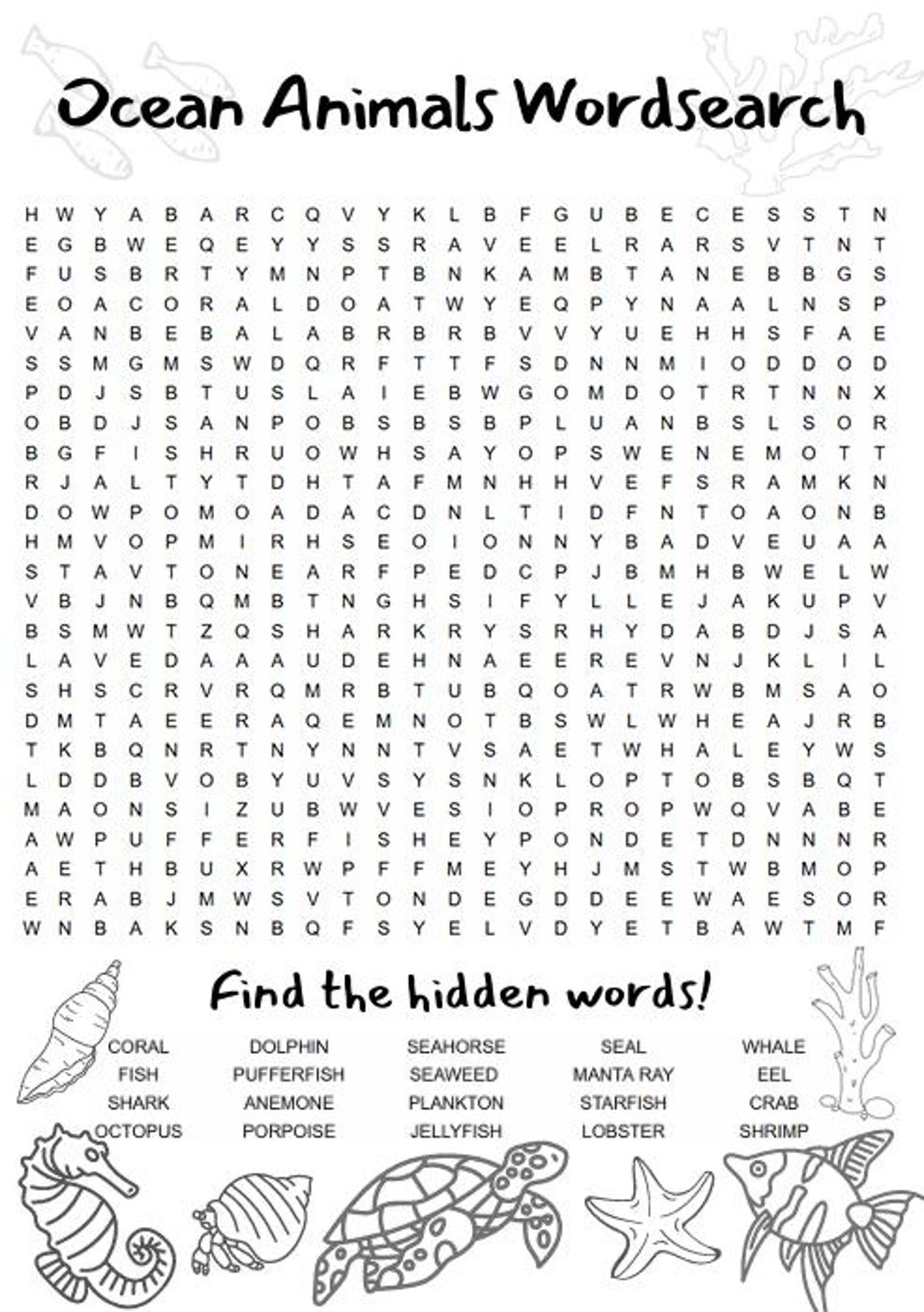 Ocean Animals Wordsearch PDF Digital Download - Etsy