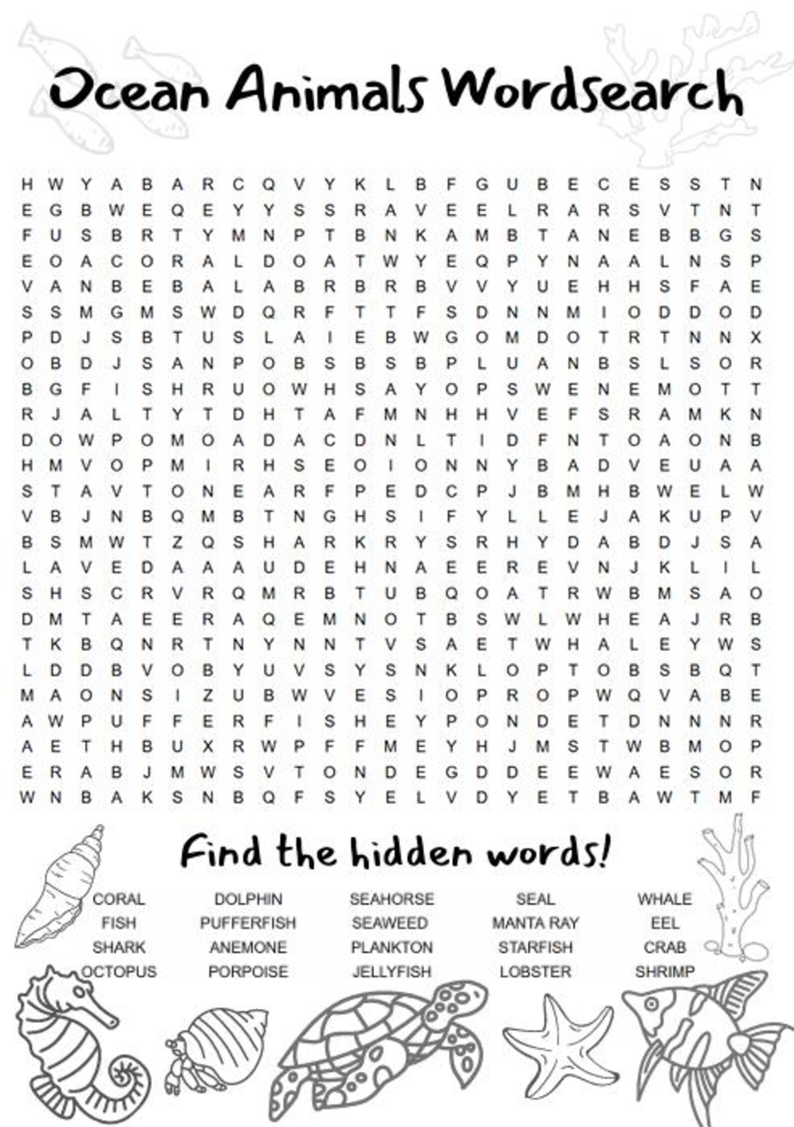 Ocean Animals Wordsearch PDF Digital Download - Etsy