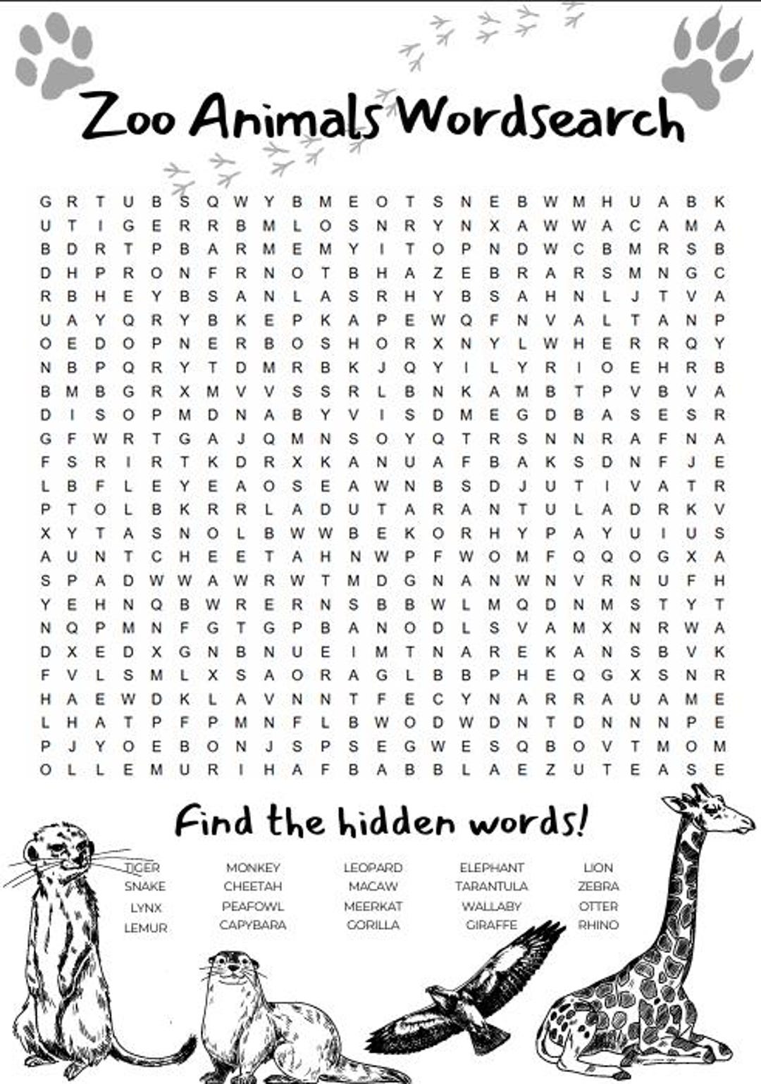 Zoo Animal Printable Wordsearch (pdf Only) - Etsy
