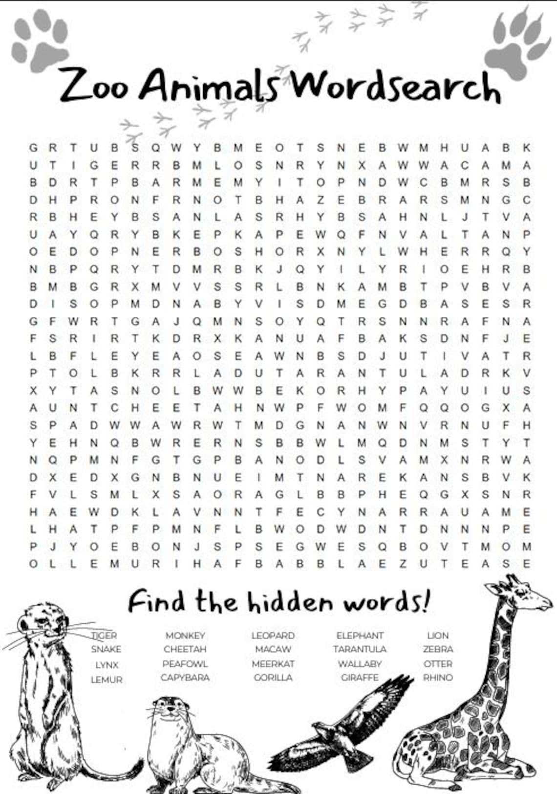 Zoo Animal Printable Wordsearch (pdf Only) - Etsy
