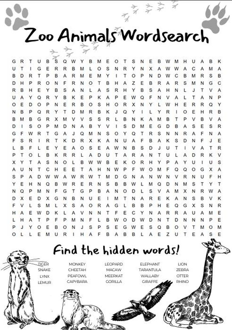 Zoo Animal Printable Wordsearch (pdf Only) - Etsy