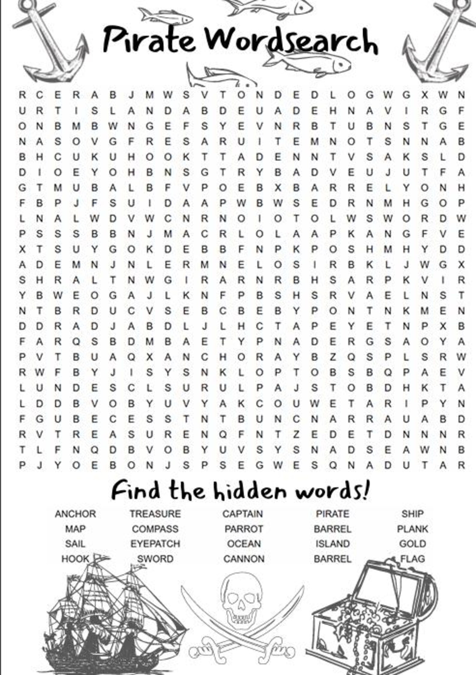 Pirate Printable Wordsearch (pdf Only) - Etsy