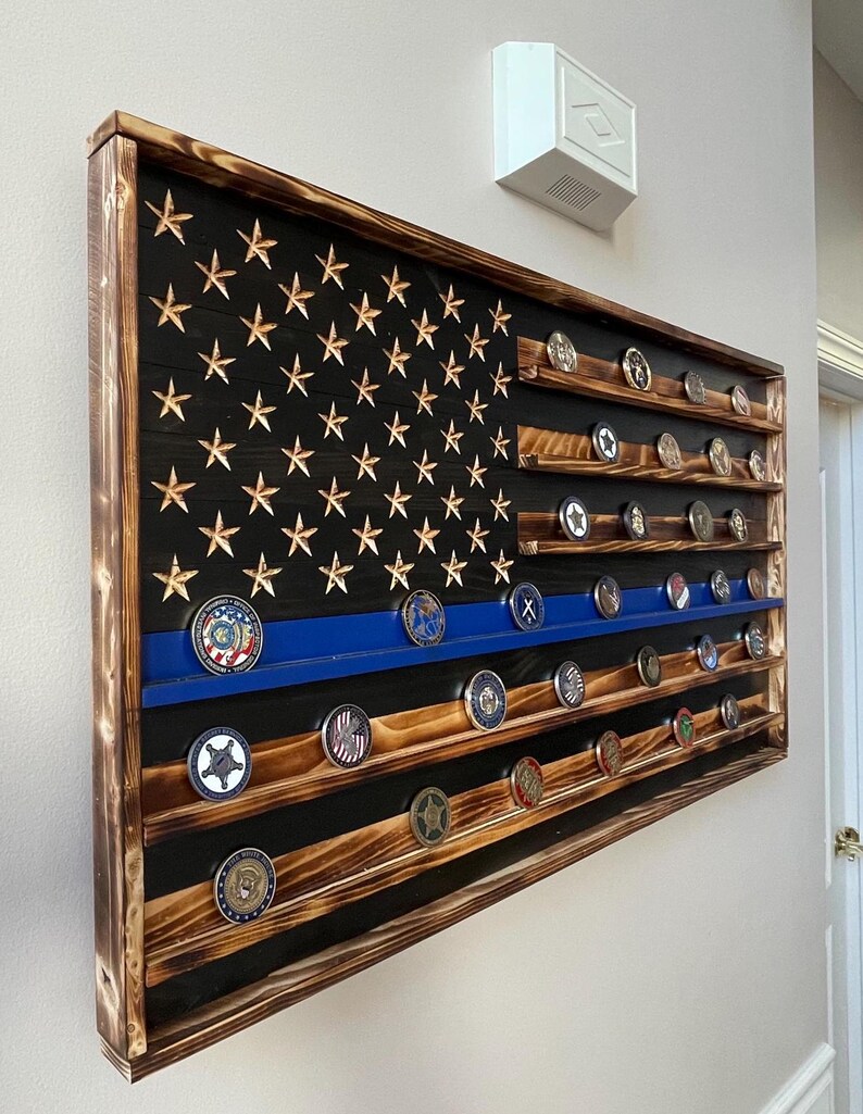 Hand Made Challenge Coin Display - Blue Line Wood Flag With Hand Carved ...
