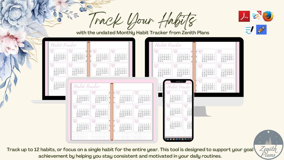 12-month Digital & Printable Habit Tracking PDF, Undated Tracking Sheet ...