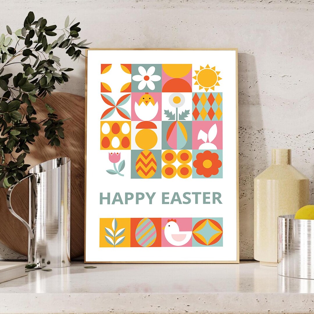 Happy Easter Wall Art Colorful Spring Decor Printable Card Bunny ...