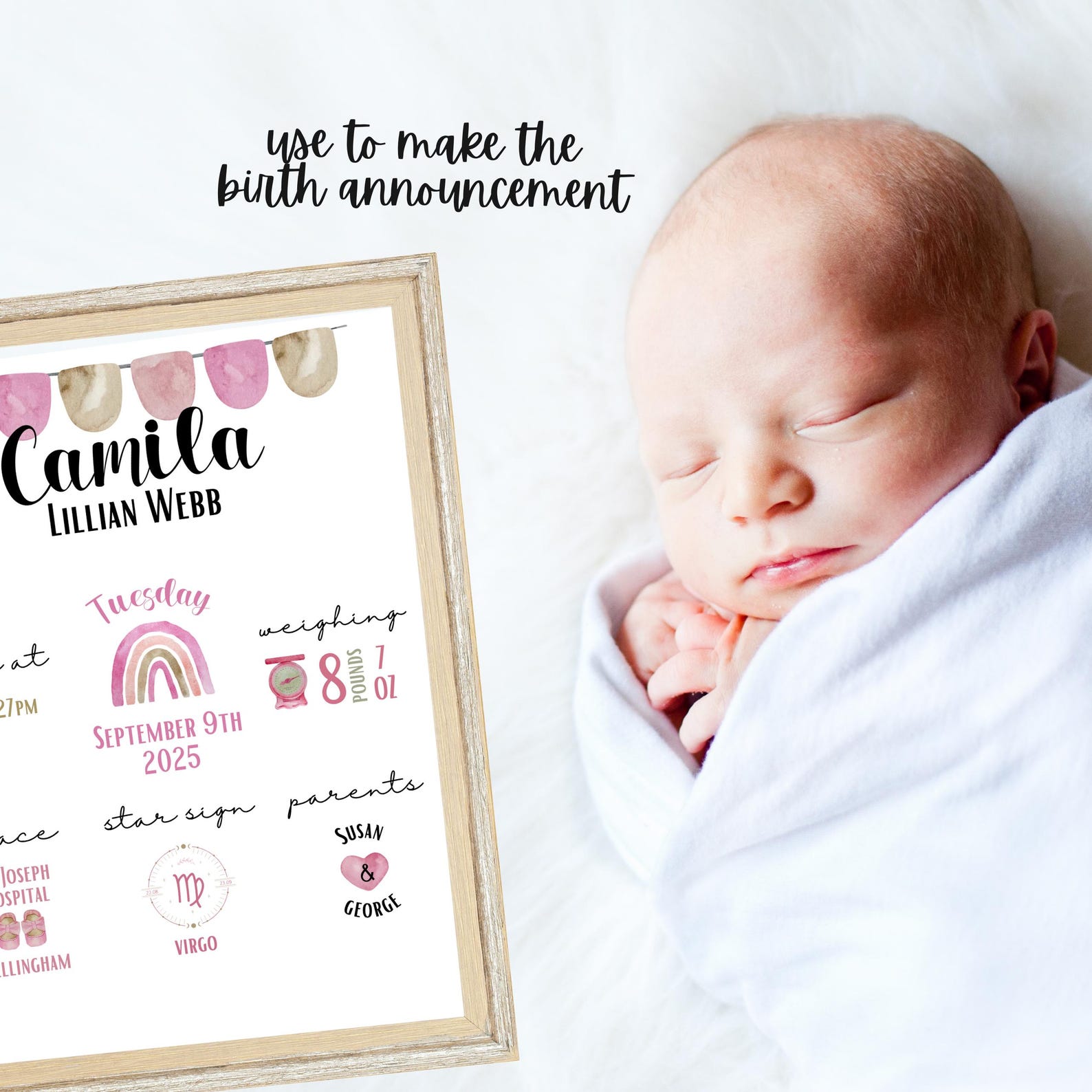 Personalized Baby Birth Stats Sign: Watercolor Nursery Decor (digital ...
