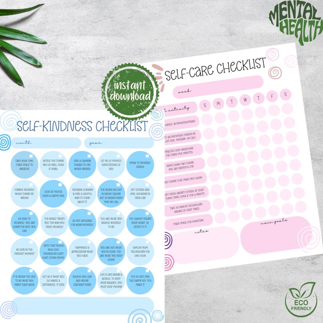 Self Care & Self Kindness Checklist Bundle, Self Care Planner, Mental ...