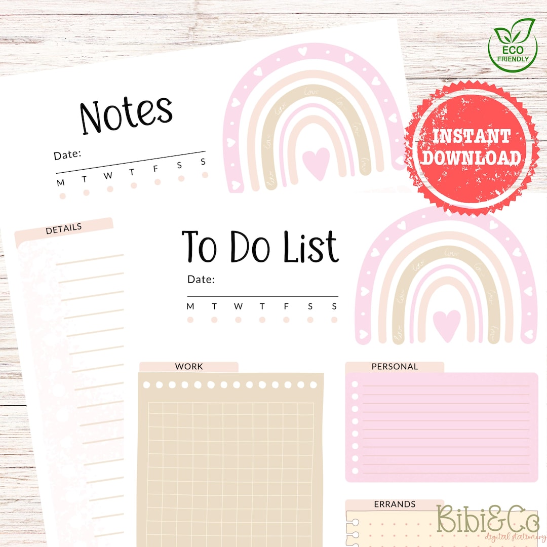 Printable to Do List Work Personal Errands, Notes Page Template, Bullet ...