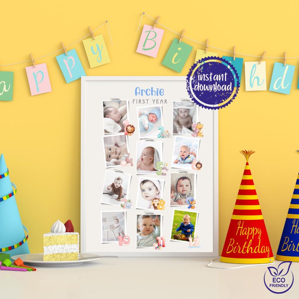 First Year Poster Template, 1st Birthday Animals Photo Poster, 1st ...