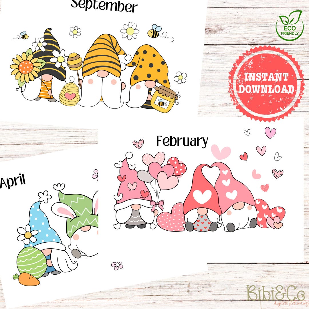 Gnome Perpetual Calendar Printable: Undated Monthly Planner (digital ...