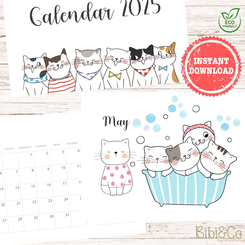 2025 Cute Cats Wall Calendar| Printable Calendar| Adorable Cat-themed ...