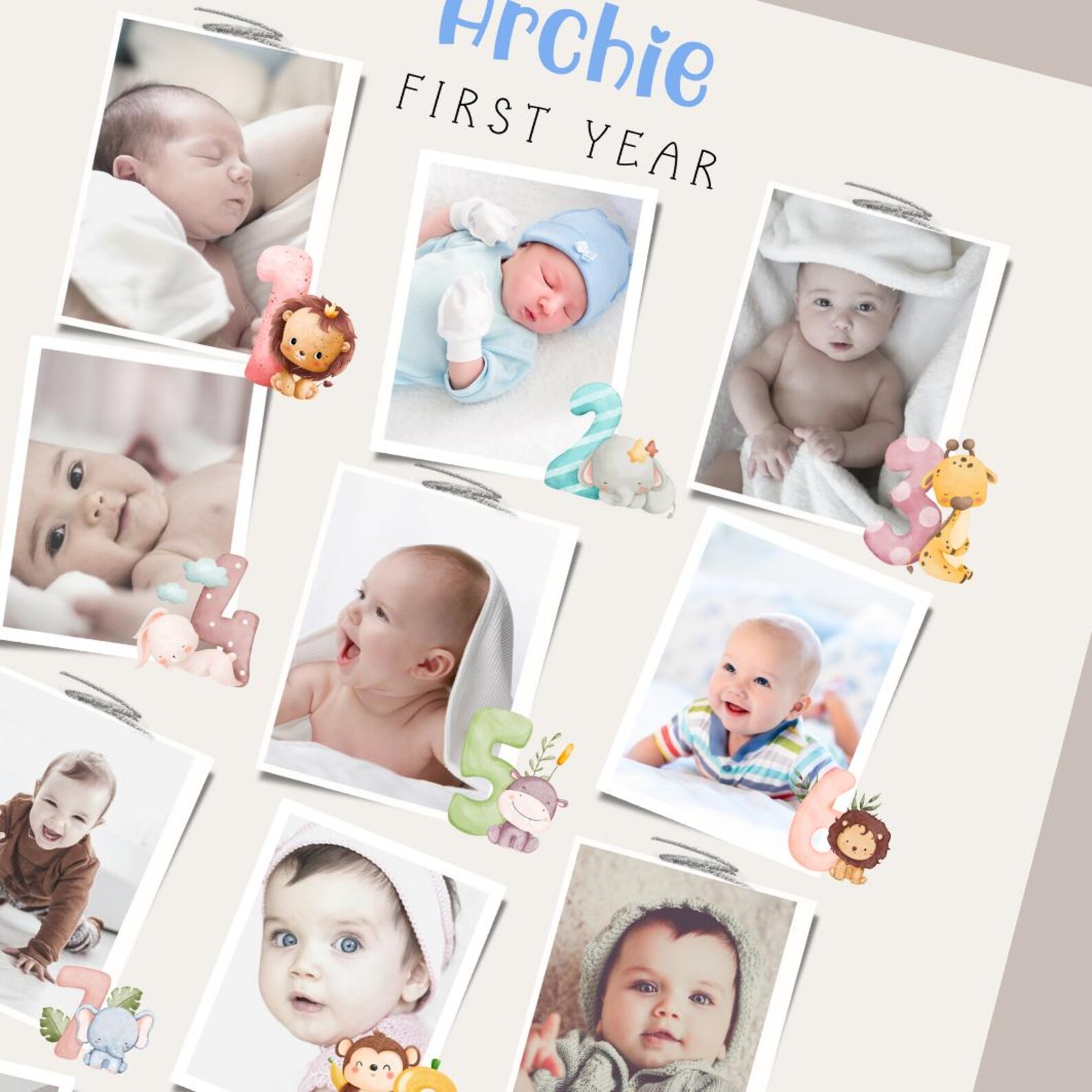 First Year Poster Template, 1st Birthday Animals Photo Poster, 1st ...