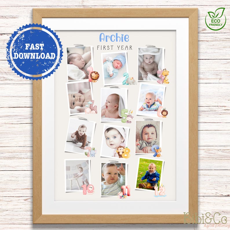 First Year Poster Template, 1st Birthday Animals Photo Poster, 1st ...