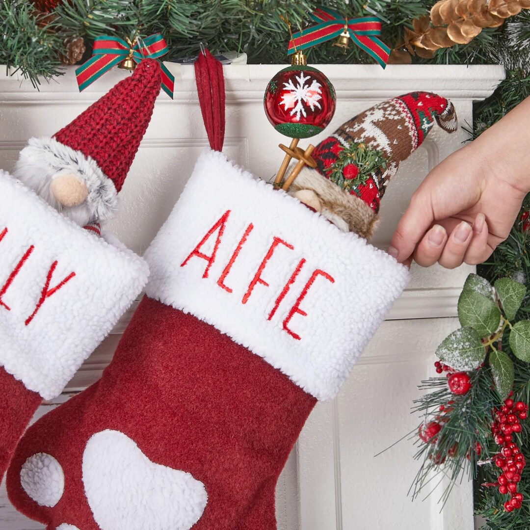 Personalized Paw Print Christmas Stocking, Embroidered Dog Bone ...