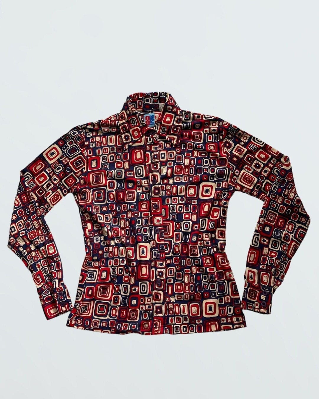 Vintage 70s Op Art Square-in-square Print Blouse | 1970s Disco Collar ...