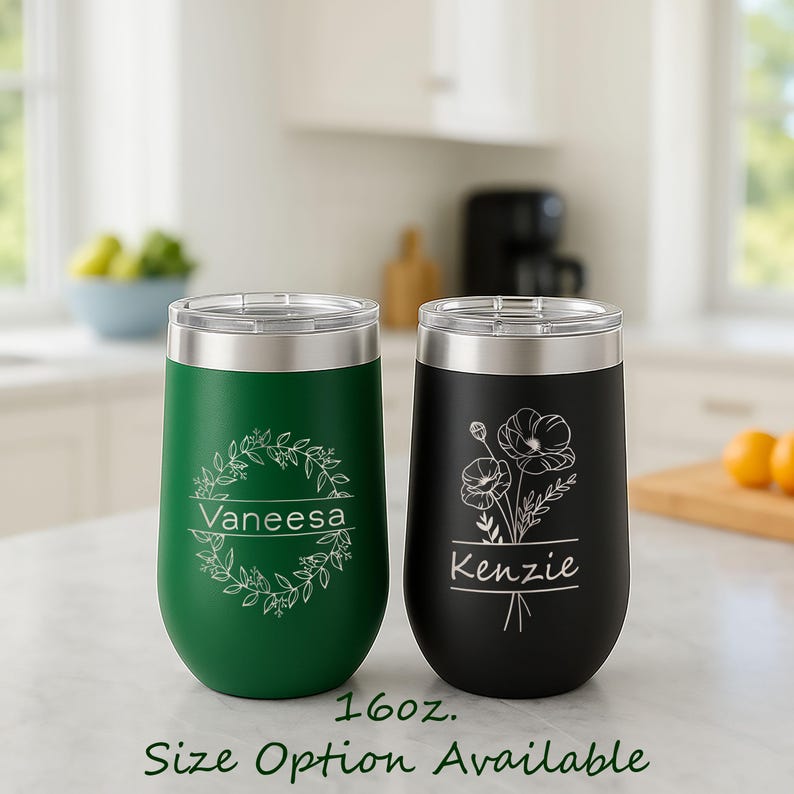 Personalized Birth Flower Wine Tumbler, Custom Engraved Bridesmaid Cup ...