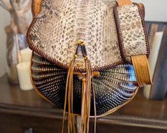 Bohemian Armadillo Shell Snakeskin Flap Artisan Whipstitch Leather Bag ...