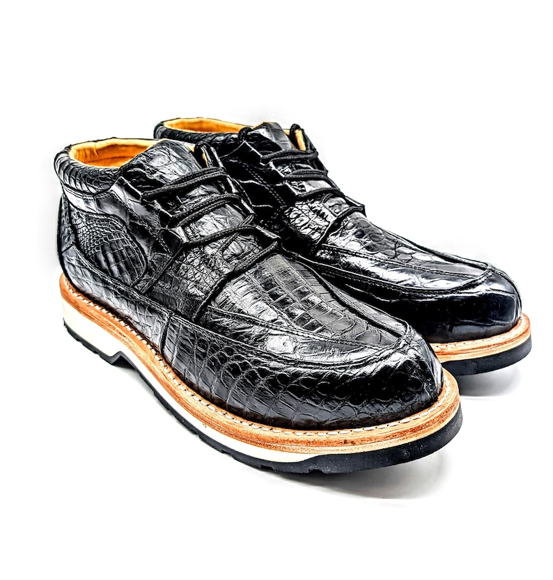 Men's Black Glazed Alligator Ankle Boots, Goodyear Welt Boots With Non ...