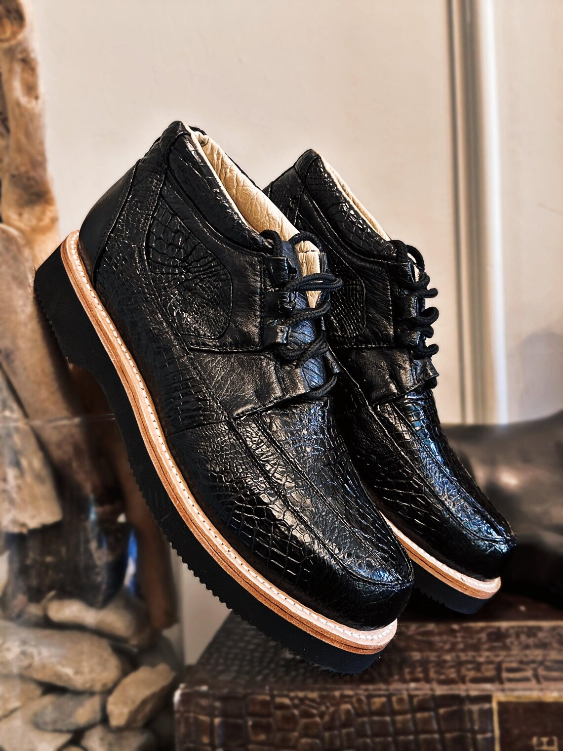 Men's Onyx Alligator Ostrich Ankle Boots, Ostrich Alligator Boots ...