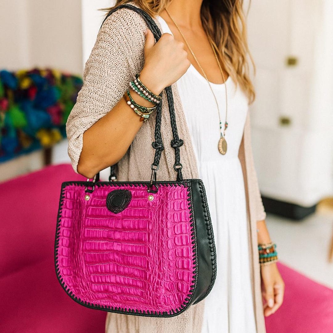Pink Alligator Leather Tote Bag, Heart Shaped Obsidian Stone, Bohemian ...