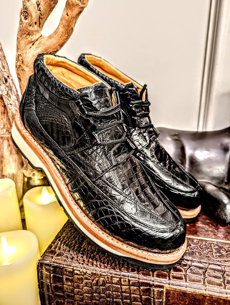 Men's Black Glazed Alligator Ankle Boots, Goodyear Welt Boots With Non ...