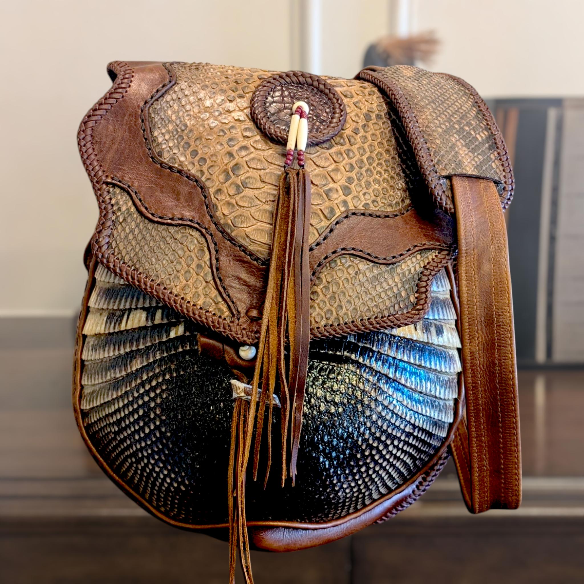 Bohemian Armadillo Shell Snakeskin Flap Artisan Whipstitch Leather Bag ...