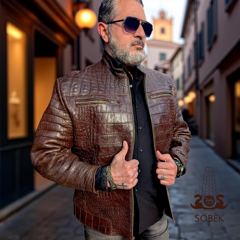 Men's Alligator Leather Bomber Jacket XL: Handmade Exotic Skin ...