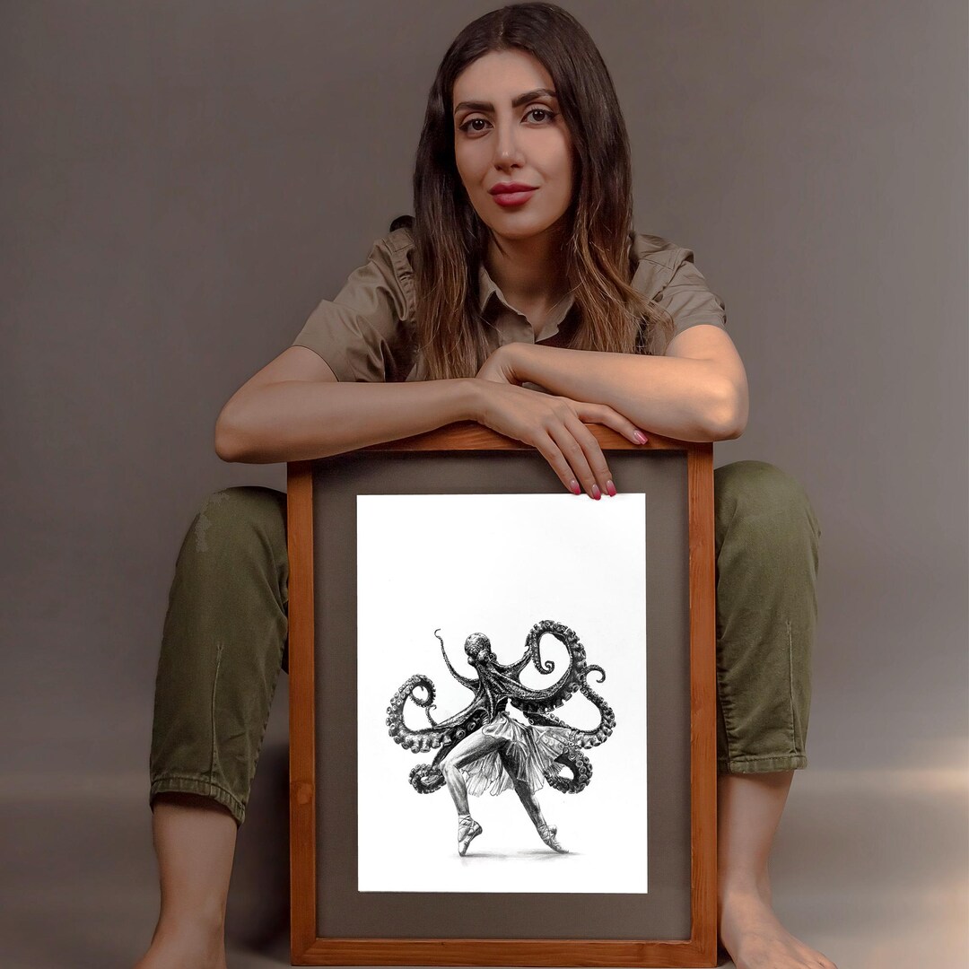 Original Surrealism Charcoal Octopus Ballerina Drawing With Intricate ...