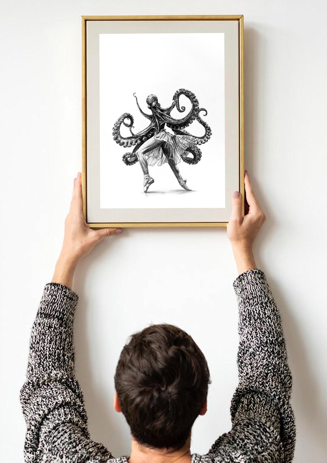Original Surrealism Octopus Ballerina Graphite Pencil Drawing With ...