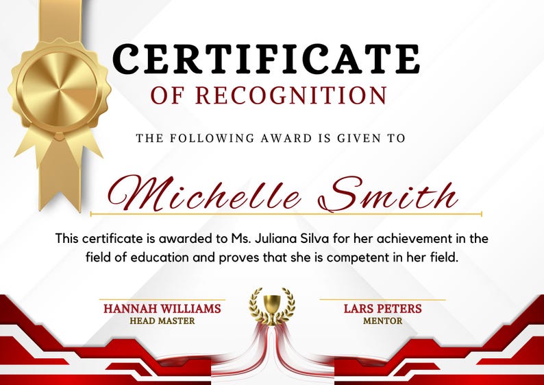 Editable Certificate of Recognition, Personalized Award Template for ...