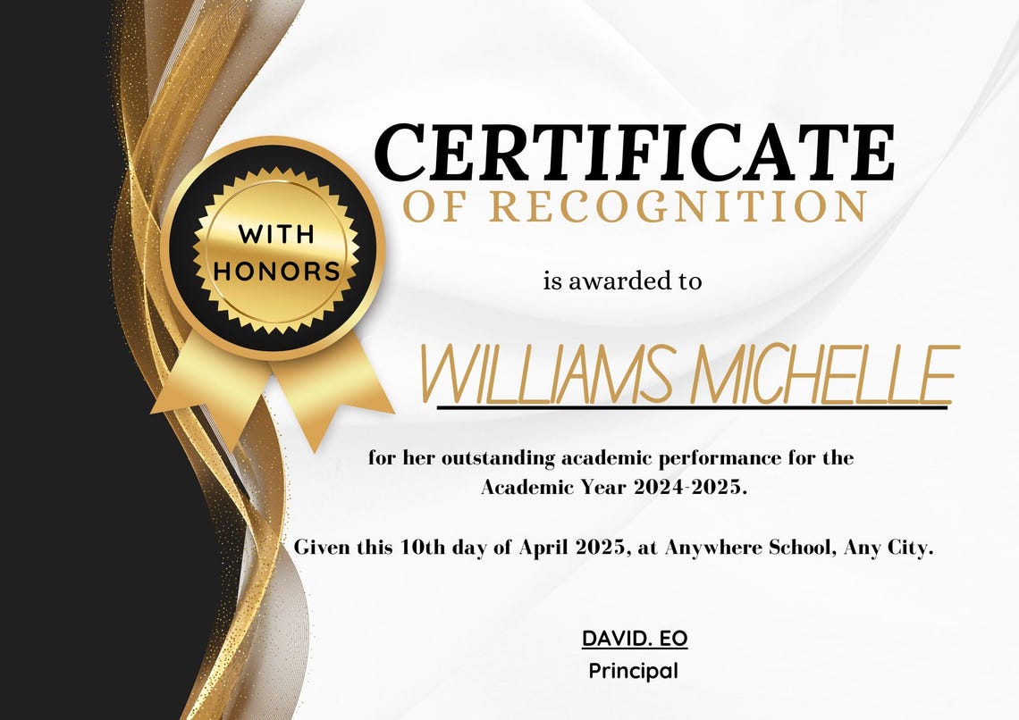 Editable Certificate of Recognition, Customizable Award Template for ...