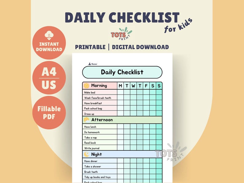 Daily Checklist | Kids Printable | Schedule Routine Template | Chore ...