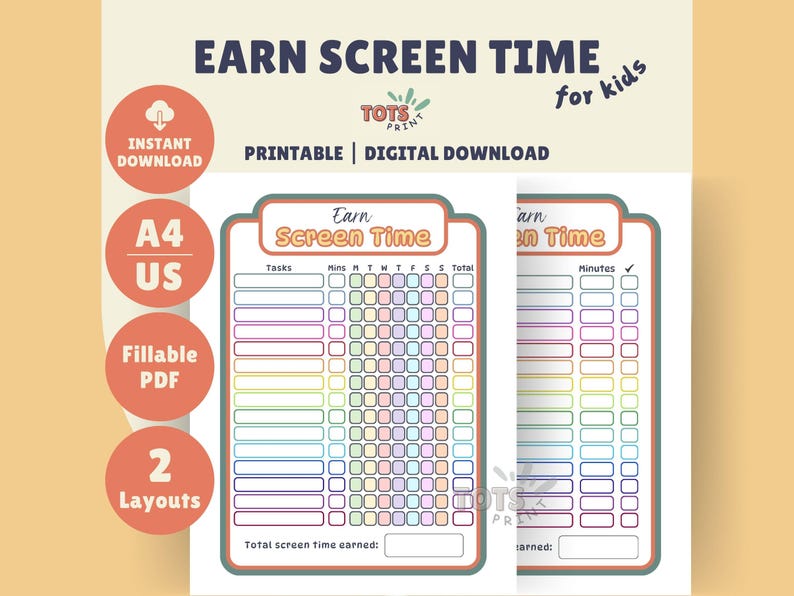 Earn Screen Time Chart | Kids Printable | Limit Screen Time Allowance ...