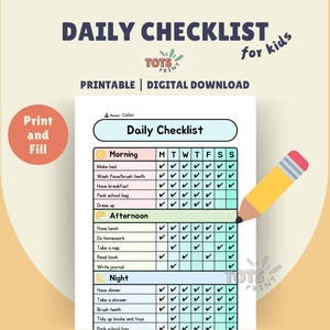 Daily Checklist | Kids Printable | Schedule Routine Template | Chore ...