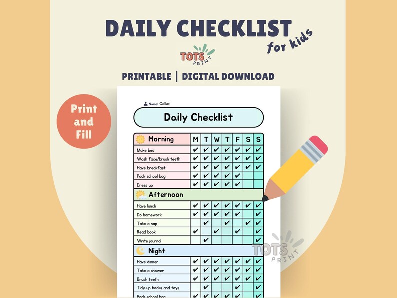 Daily Checklist | Kids Printable | Schedule Routine Template | Chore ...
