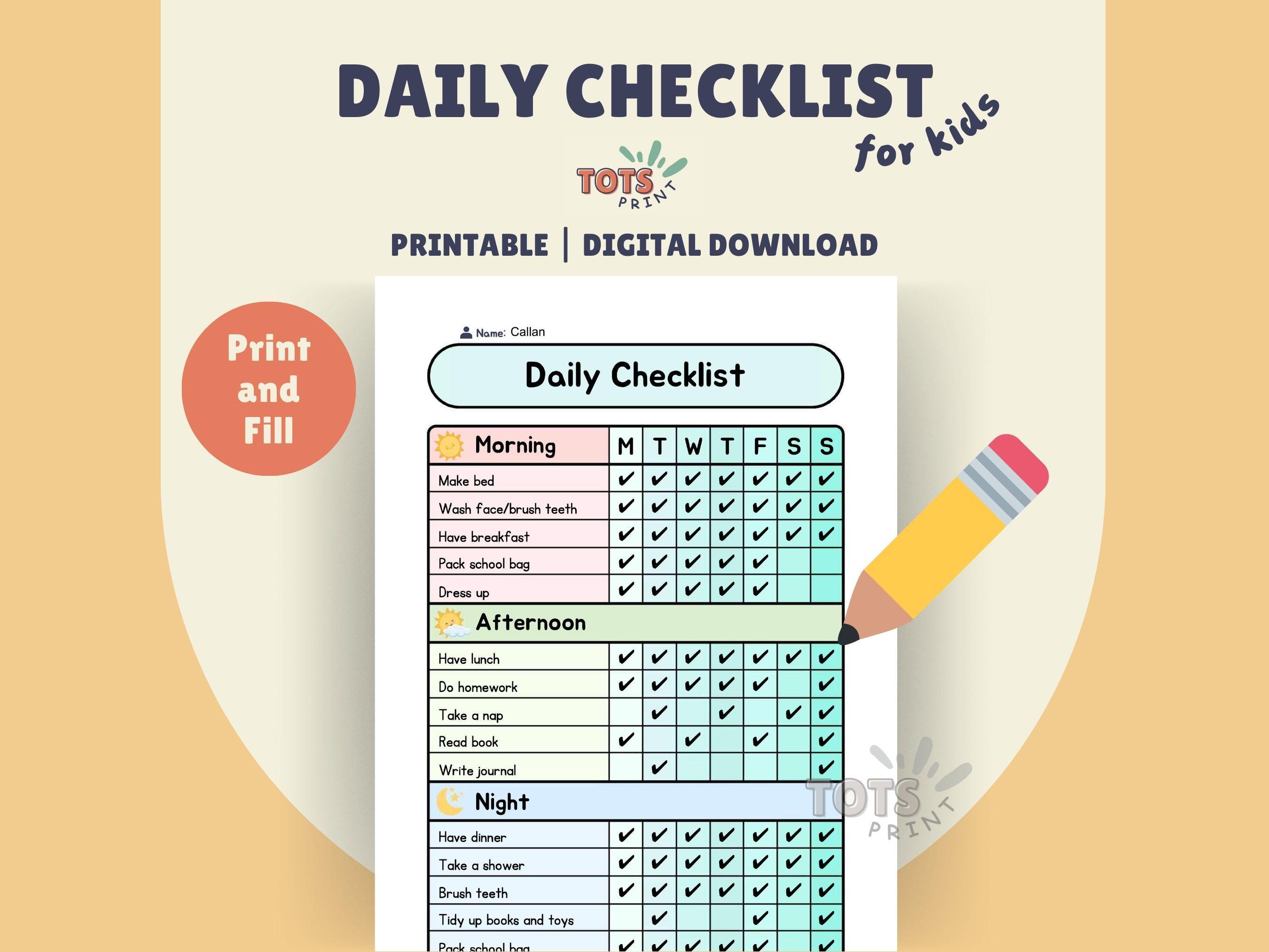 Daily Checklist | Kids Printable | Schedule Routine Template | Chore ...