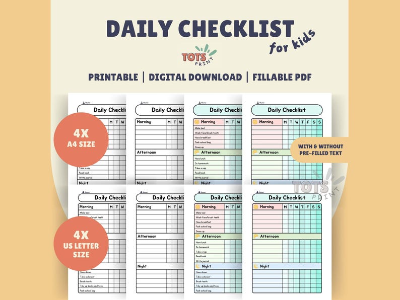 Daily Checklist | Kids Printable | Schedule Routine Template | Chore ...